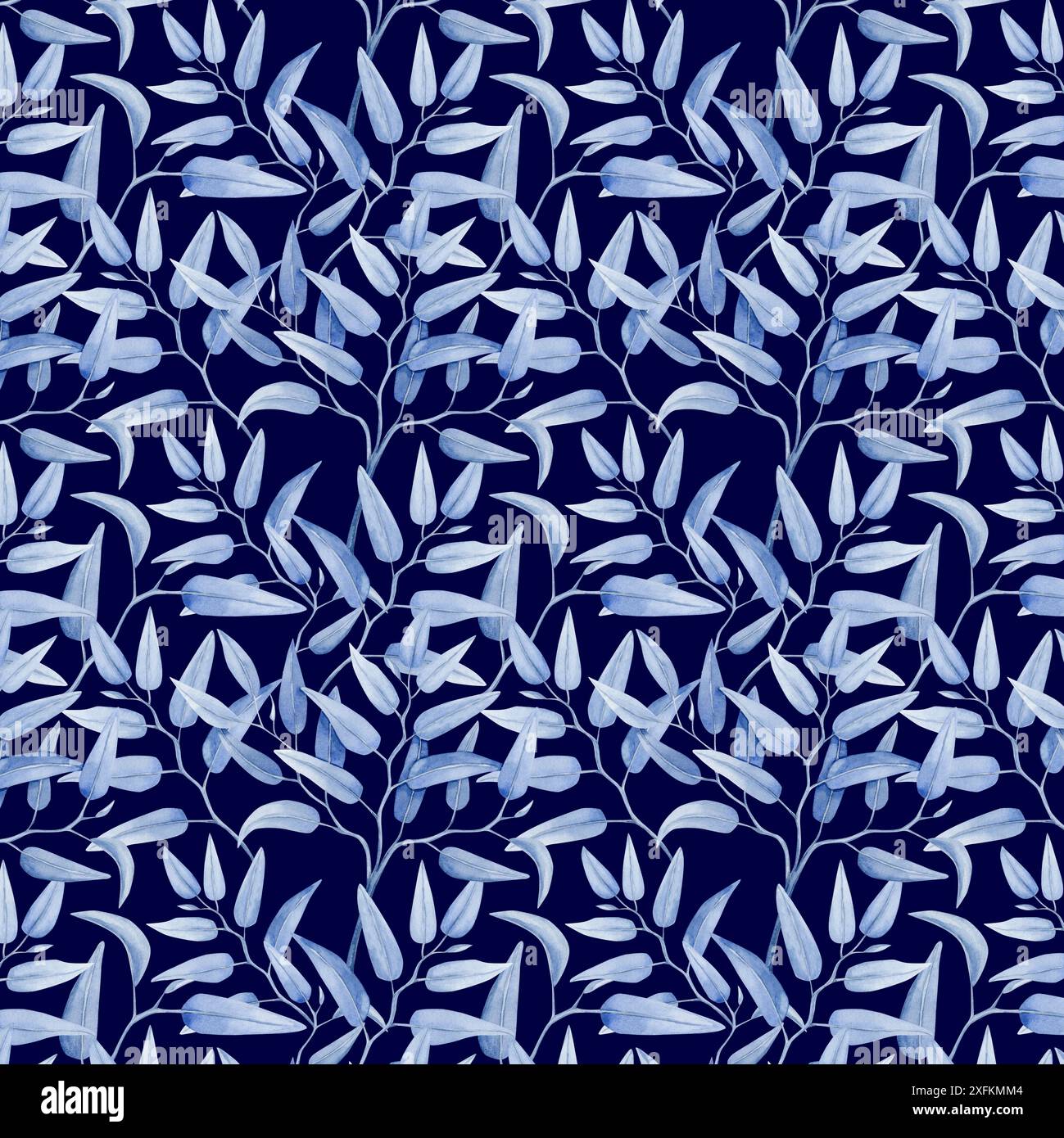 Pattern of blue eucalyptus smilax branches on a navy blue background ...