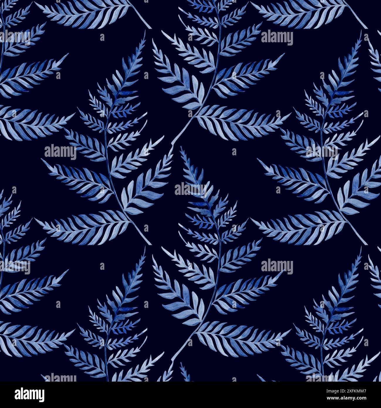 Pattern of blue fern branches on a navy blue background Stock Photo - Alamy