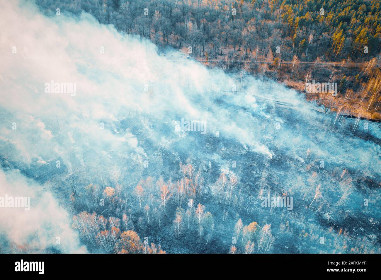 Aerial View. Spring Dry Grass Burns During Drought Hot Weather. Bush ...