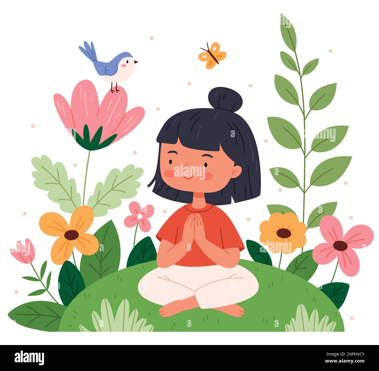 A girl meditates in nature among birds and flowers.Cartoon girl sitting ...
