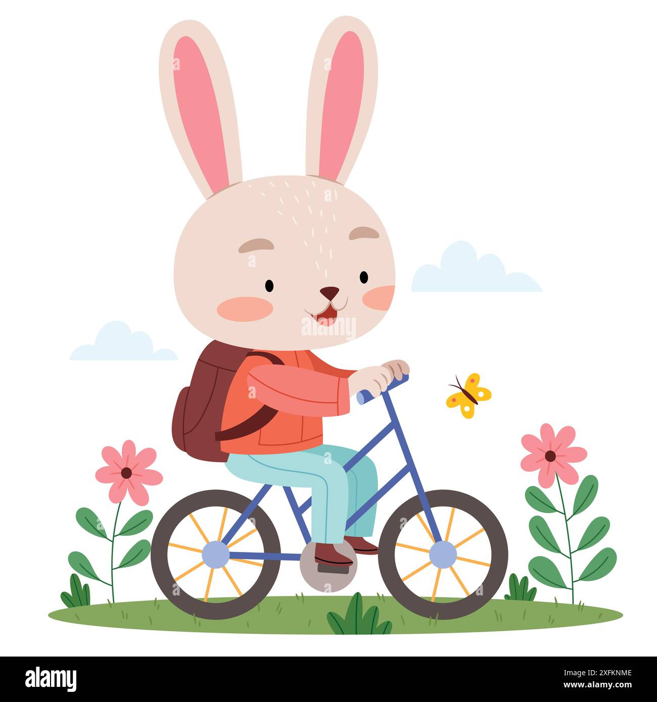 Cute cartoon smiling bunny with school bag riding bicycle to school ...