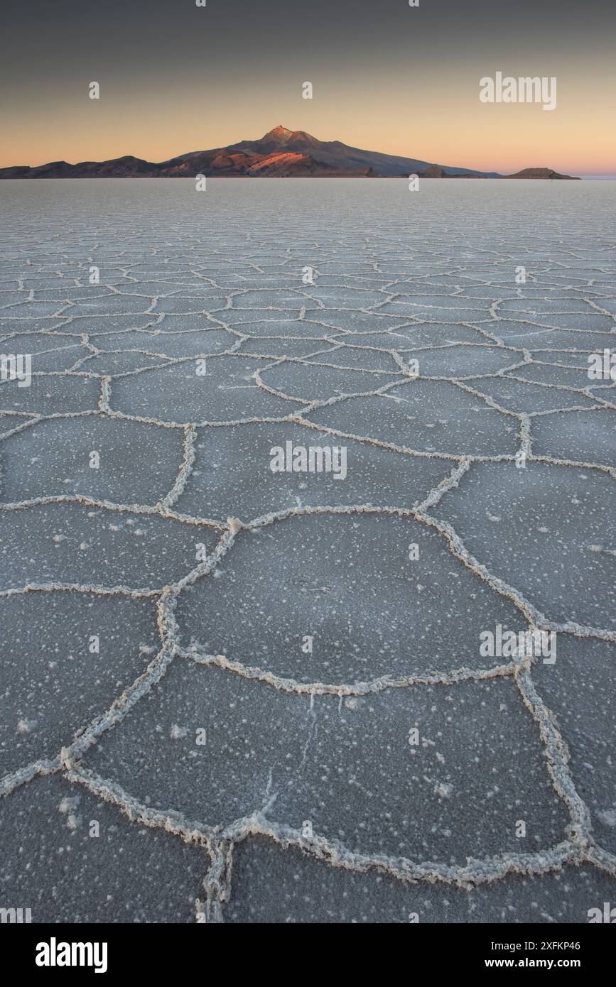 Volcano Tunupa, Salar de Uyuni salt flat just after sunset, Altiplano ...