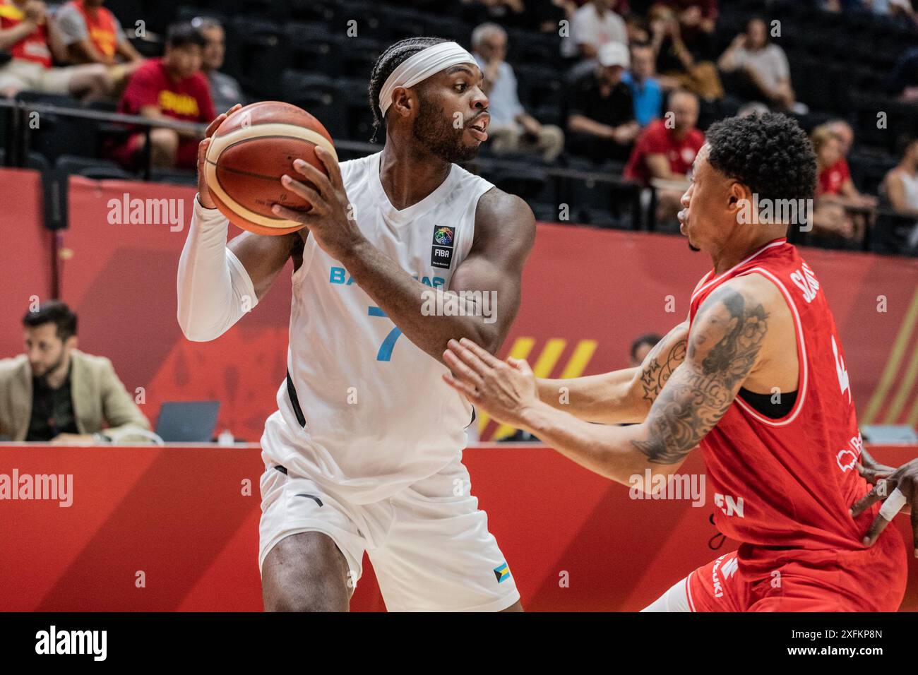 Valencia, Spain. 03rd July, 2024. Buddy Hield (L) of Bahamas and A.J ...