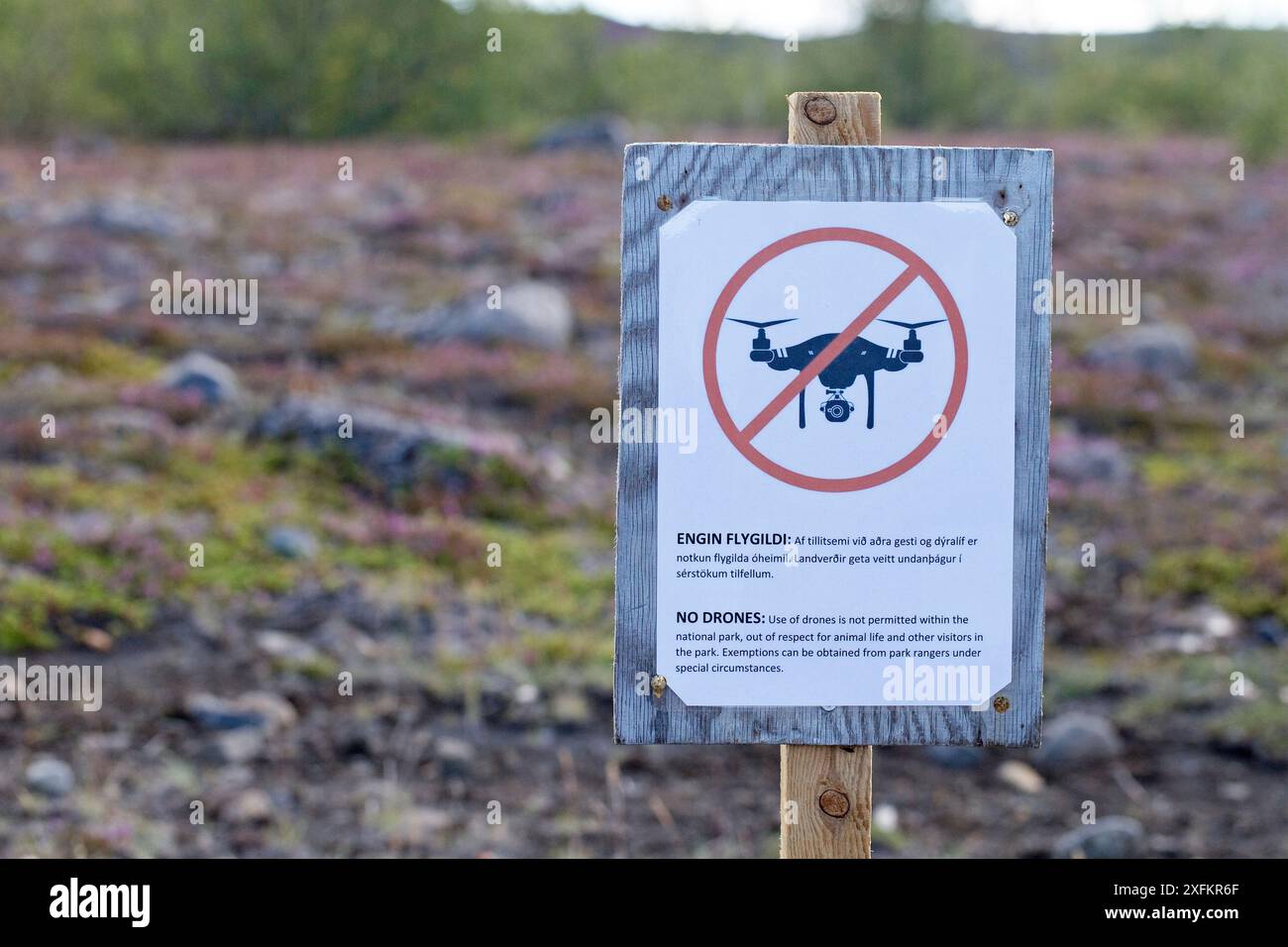 'No drone flying' sign at a national park, Iceland, August Stock Photo ...