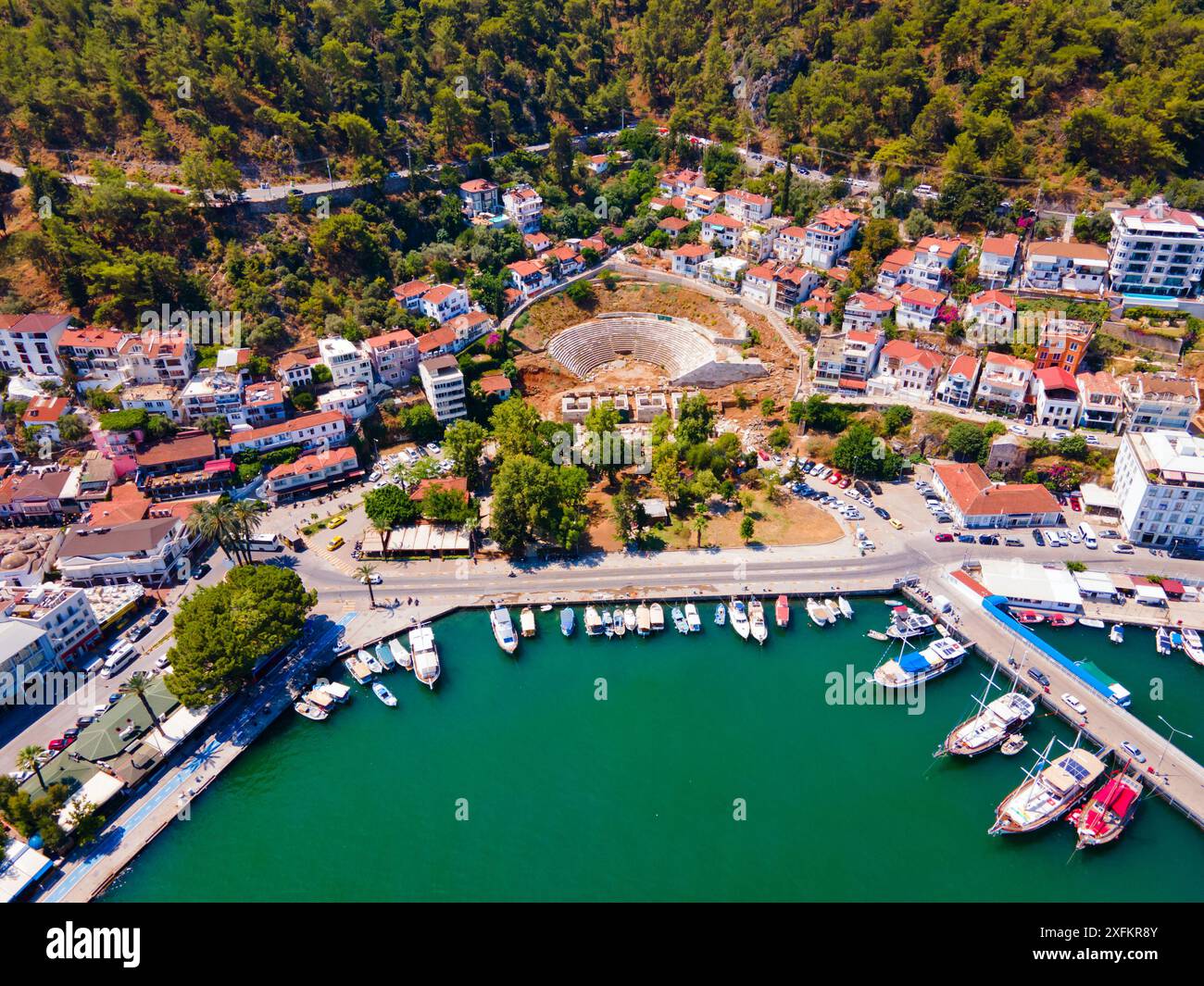 Fethiye ancient theatre aerial panoramic view. Fethiye is a city in ...