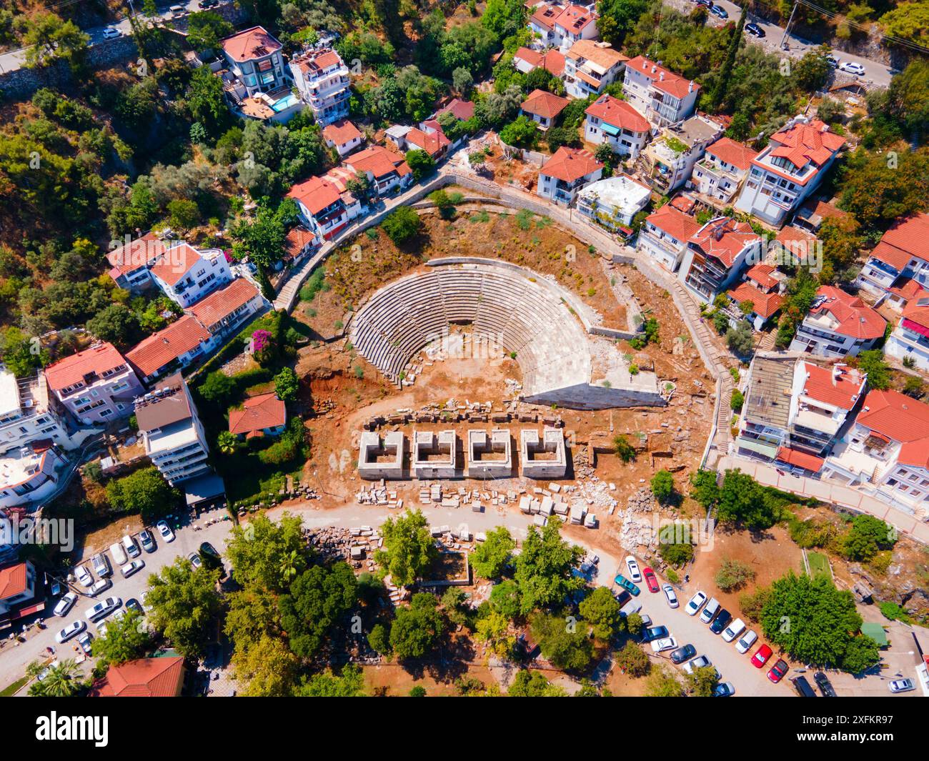 Fethiye ancient theatre aerial panoramic view. Fethiye is a city in ...