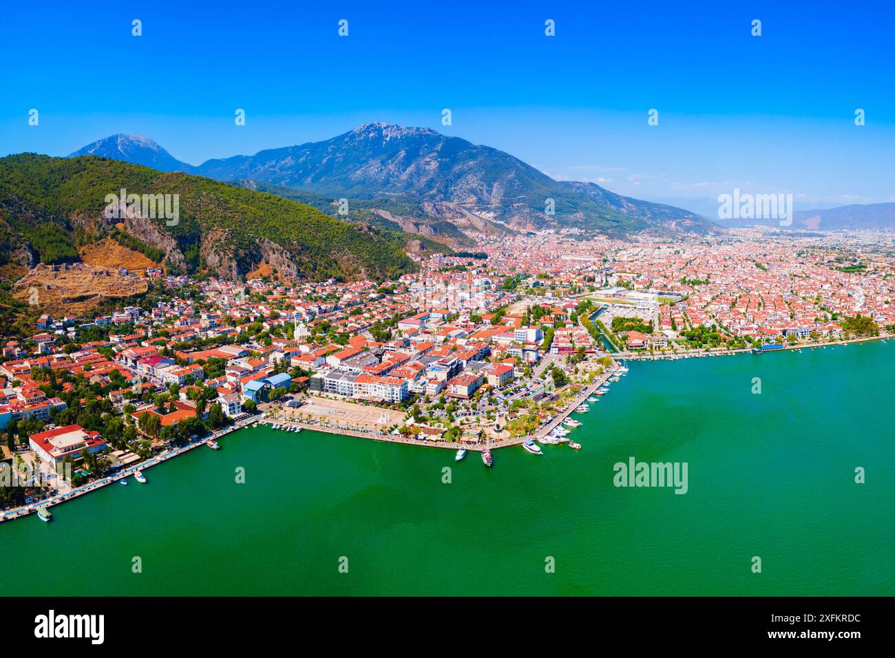 Fethiye city centre aerial panoramic view. Fethiye is a city in Mugla ...