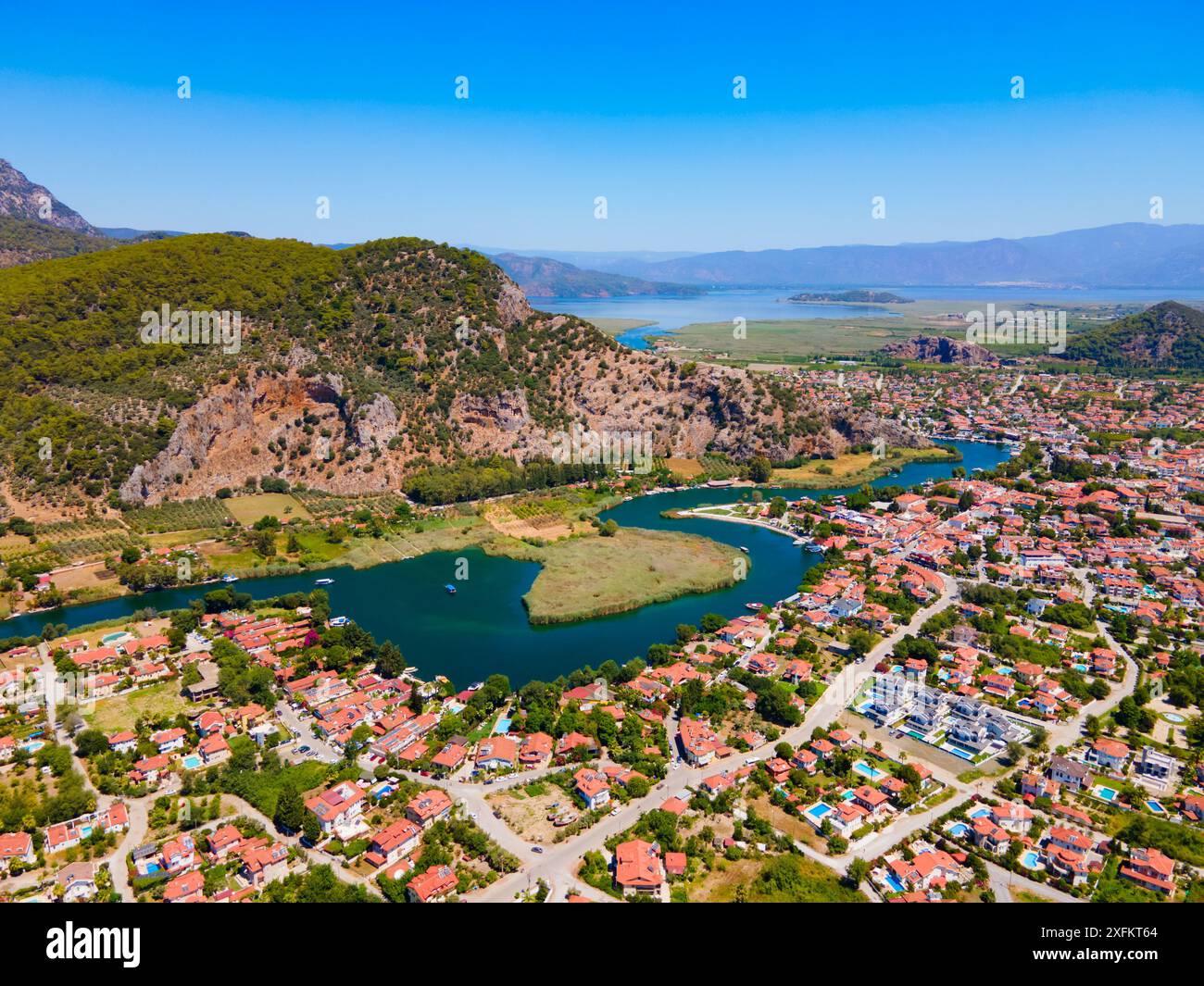 Boats at Dalyan river aerial panoramic view. Dalyan is a town in Mugla ...