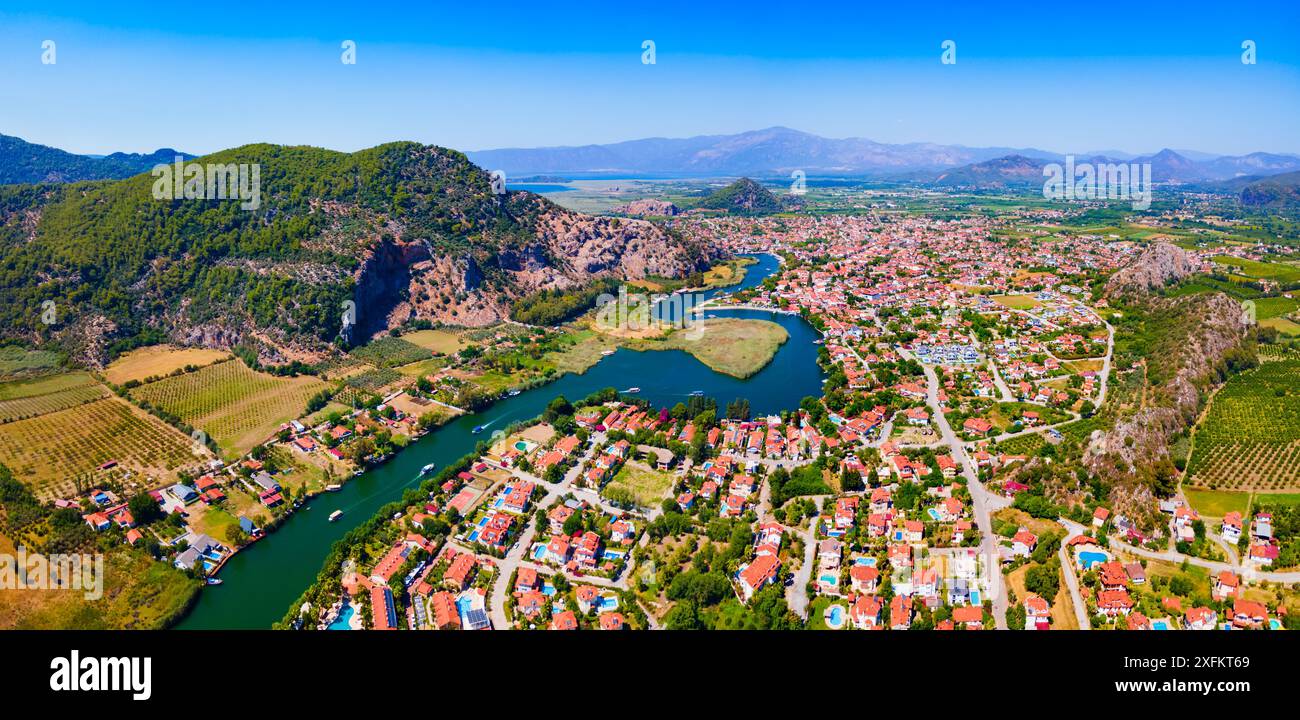 Boats at Dalyan river aerial panoramic view. Dalyan is a town in Mugla ...