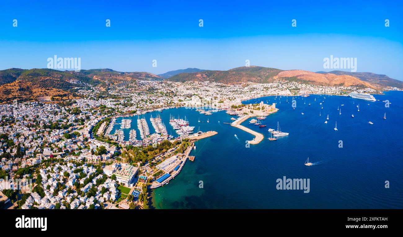 Bodrum city beach and marina aerial panoramic view. Bodrum is a city in ...