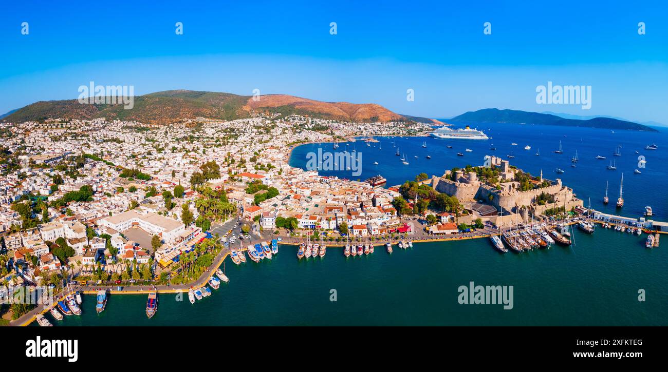Bodrum city beach and marina aerial panoramic view. Bodrum is a city in ...