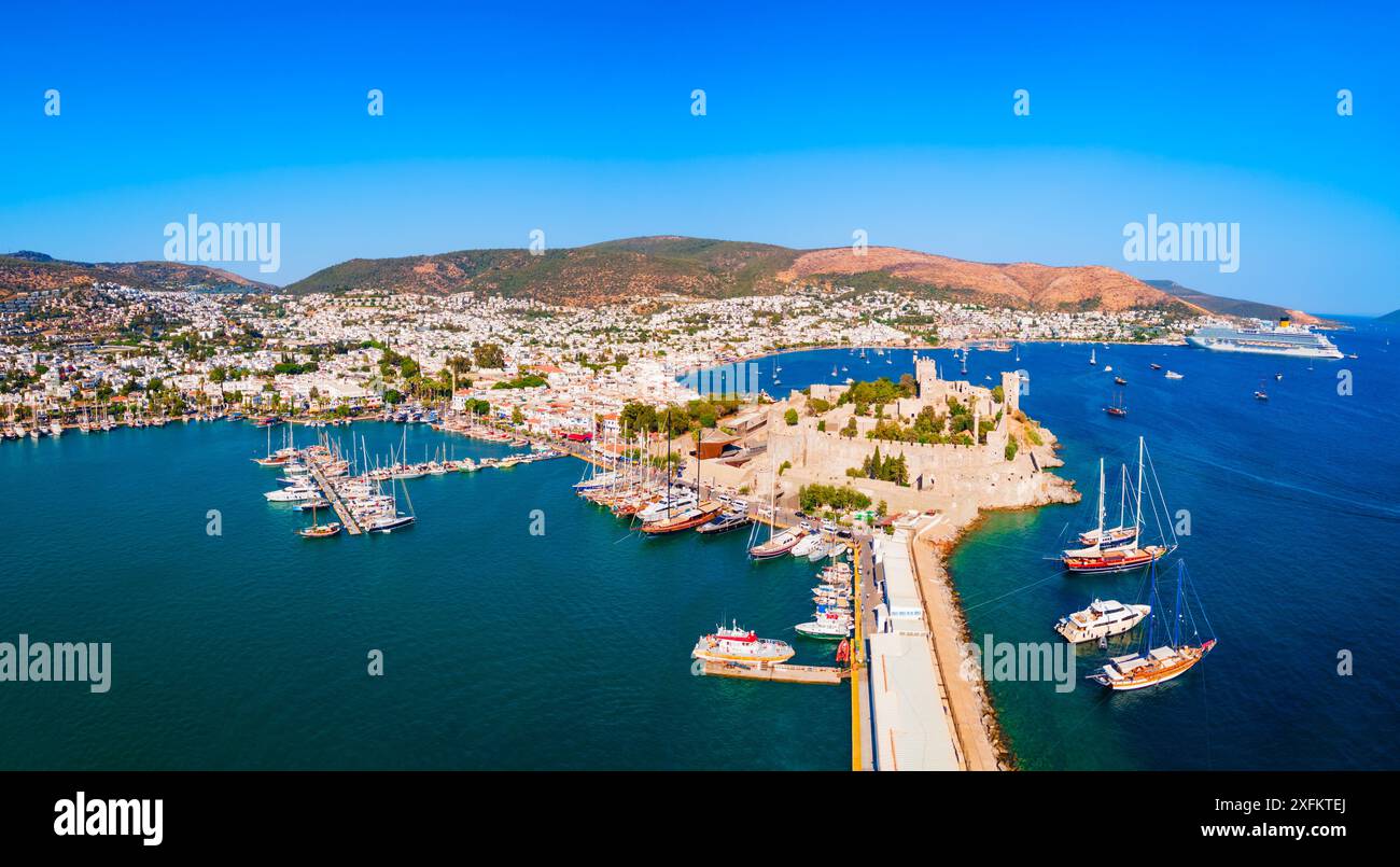 The Bodrum Castle of St. Peter and marina aerial panoramic view in ...