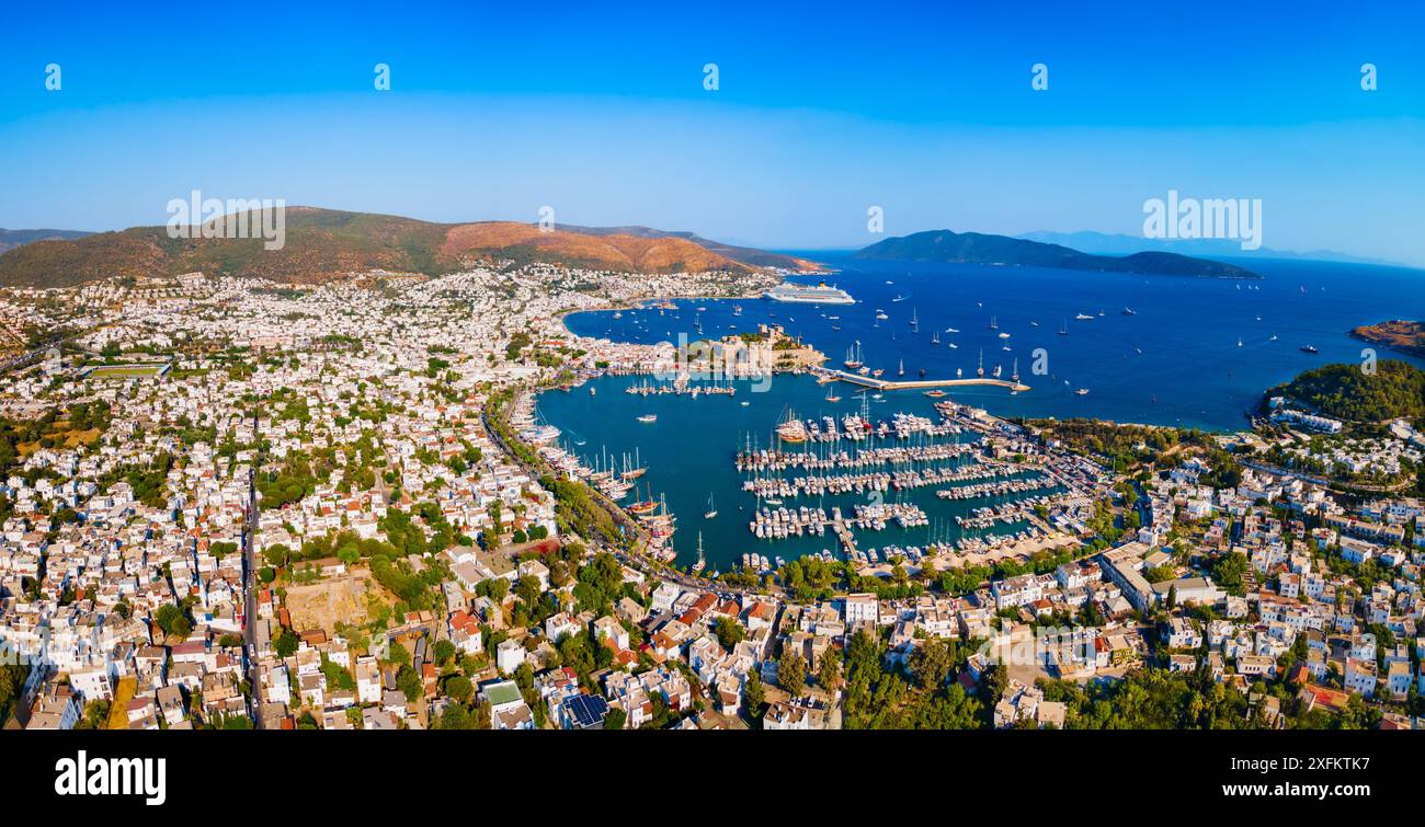 Bodrum city beach and marina aerial panoramic view. Bodrum is a city in ...