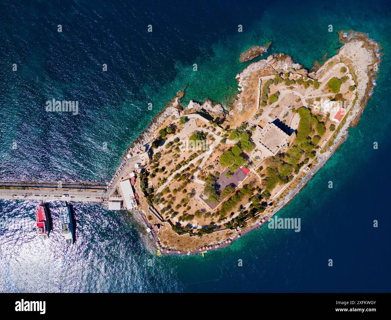 Guvercinada means Pigeon Island aerial panoramic view in Kusadasi city ...