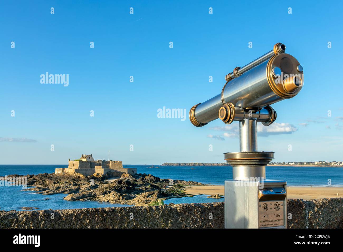 Binocular public viewer and the castle of St Malo in Saint Malo, llle ...