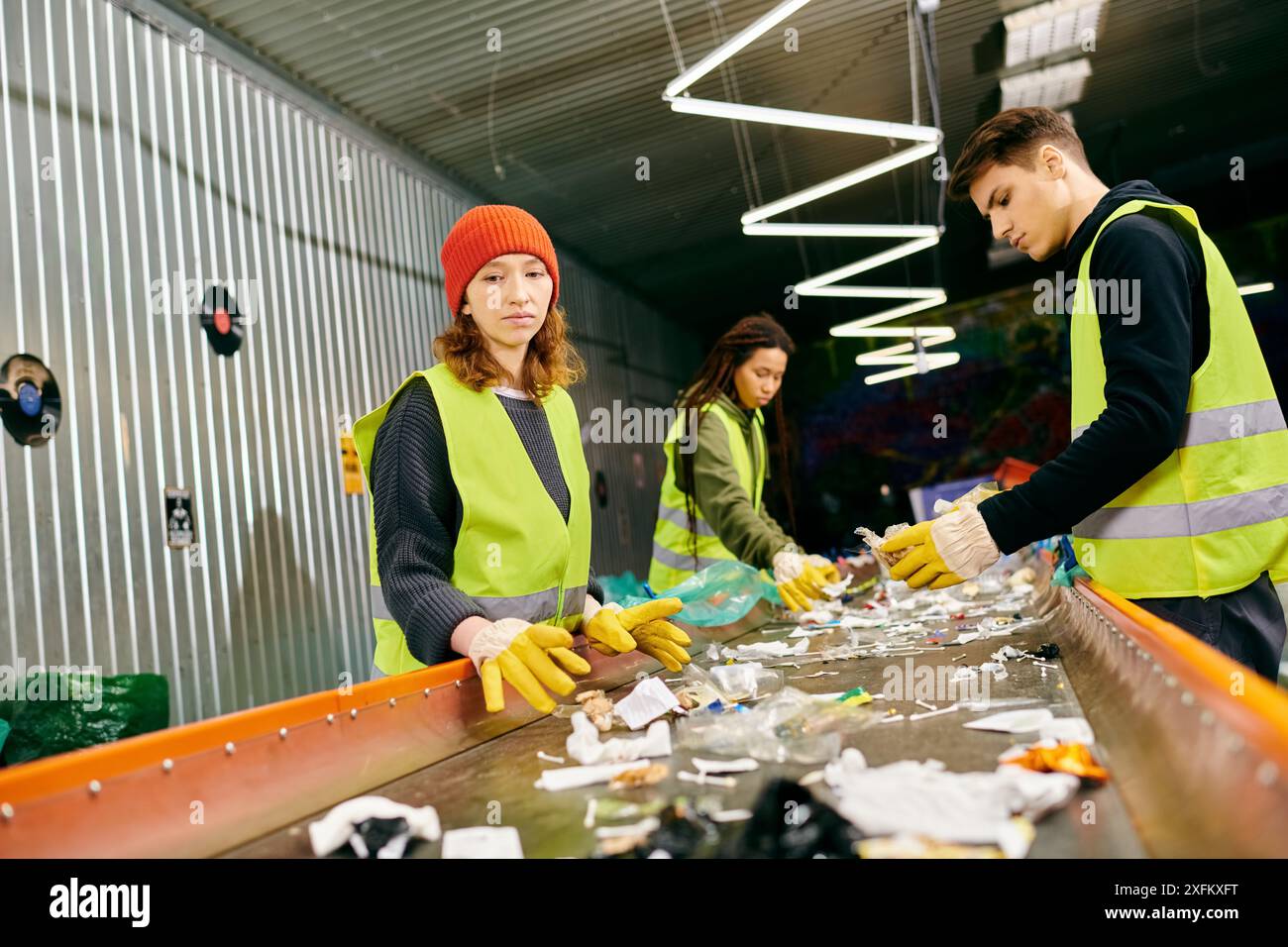 Young volunteers in gloves and safety vests sort trash on a conveyor ...
