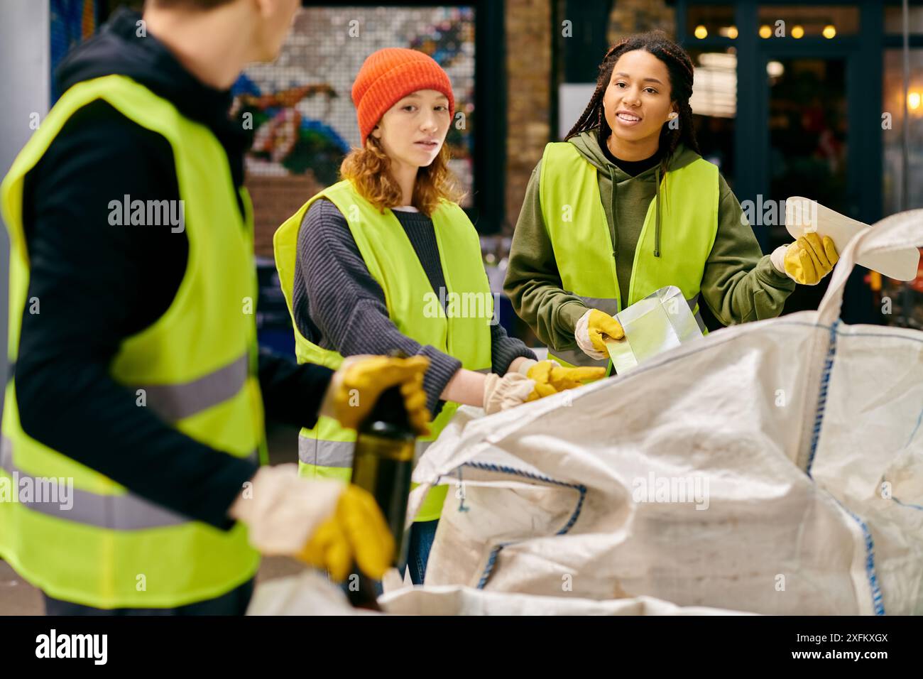 Young volunteers in gloves and safety vests gather around a garbage can ...