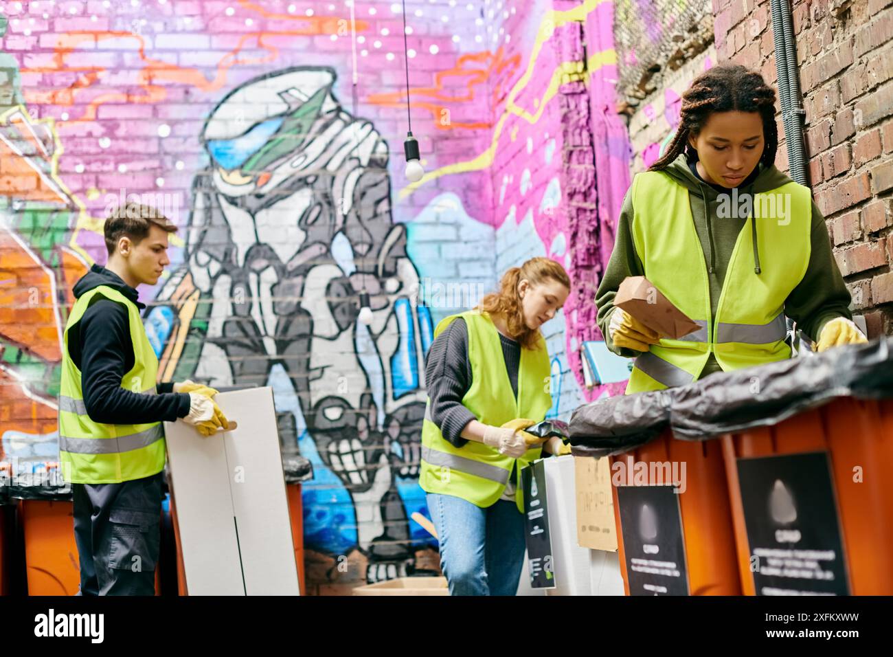 Young volunteers in gloves and safety vests work together to sort trash ...