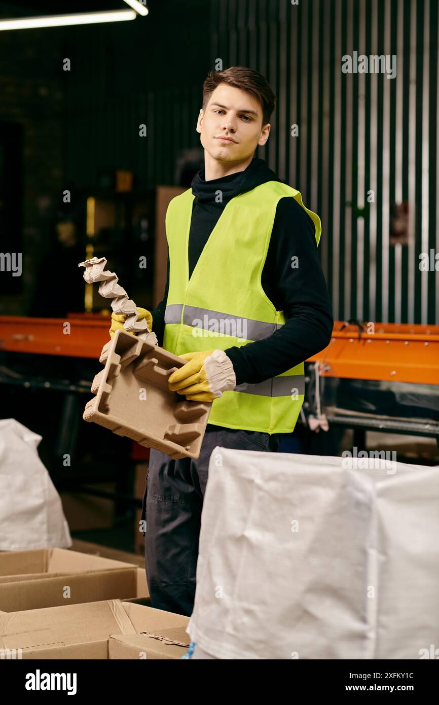 A young volunteer in gloves and safety vest holding a box in a ...