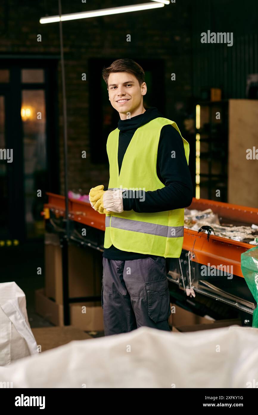 A young volunteer in gloves and a safety vest sorts waste in a ...
