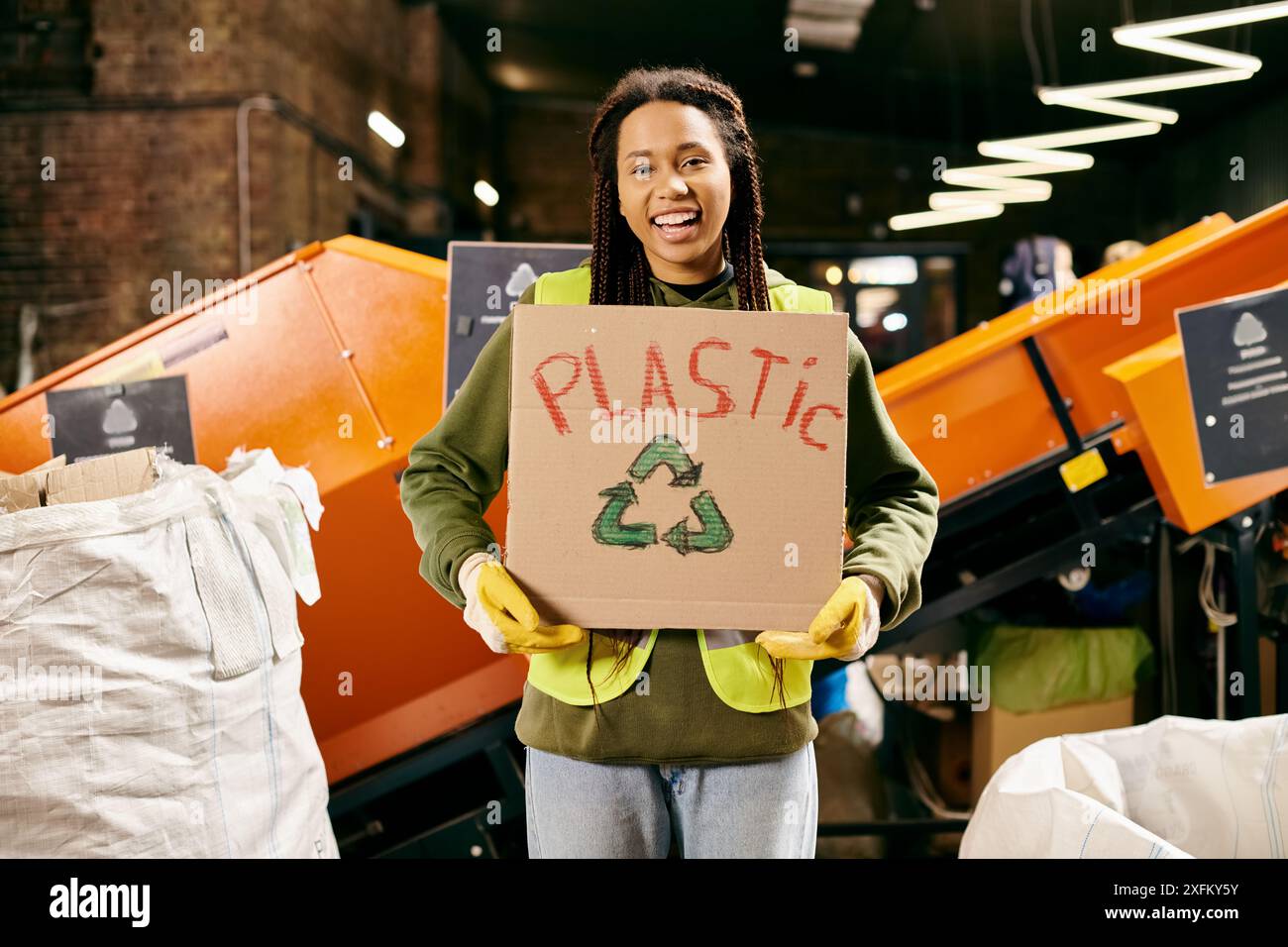 Young volunteer in safety gear sorting waste, holding a sign that says ...
