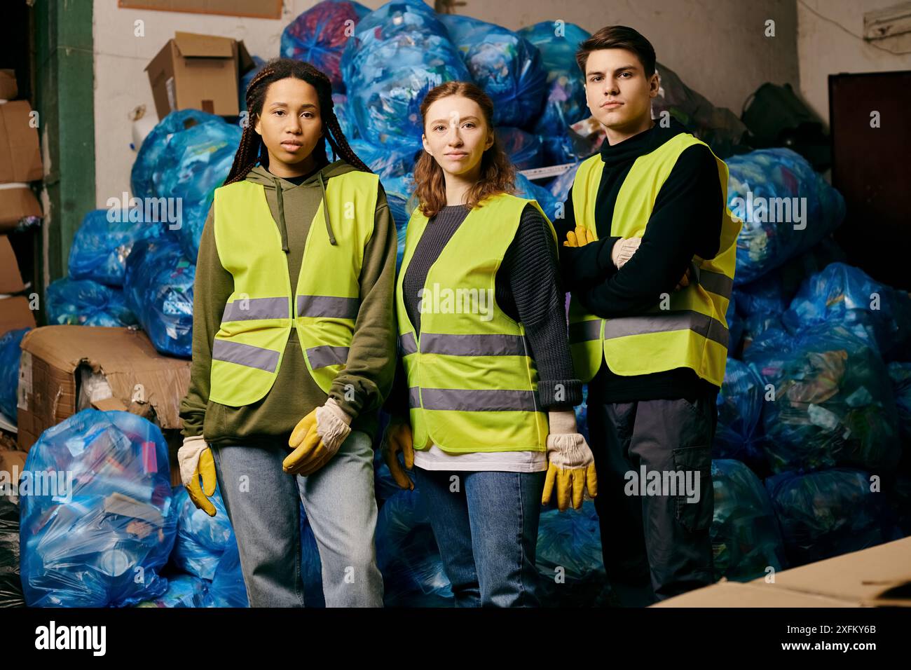 A diverse group of individuals, including a young volunteer in gloves and a safety vest ...