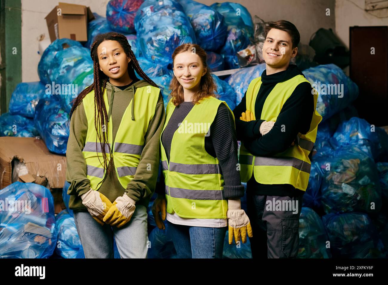 Young volunteers in gloves and safety vests stand next to a large pile ...