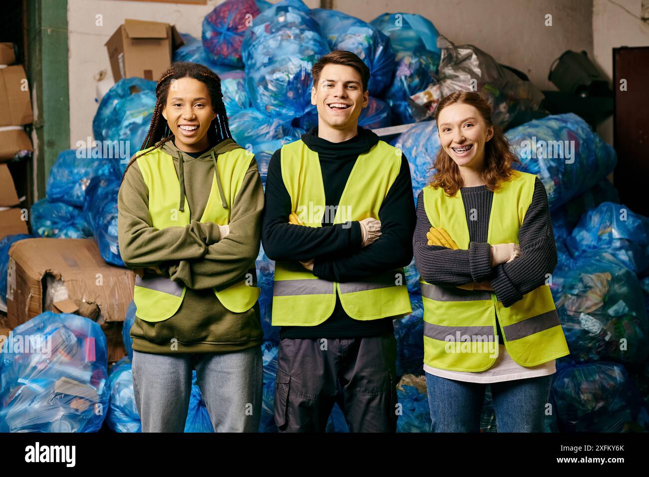 Three young volunteers in safety vests sorting plastic bags. Proactive ...