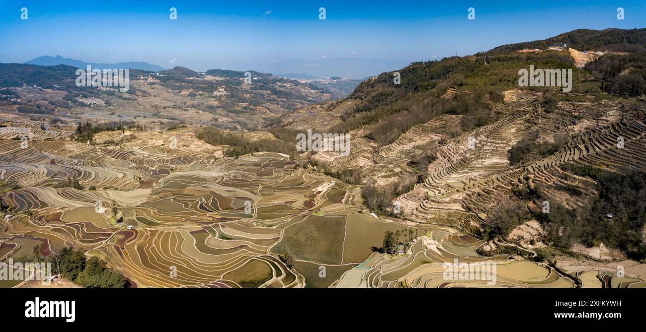 Aerial drone view of Yuanyang rice terrace at sunrise, Yunnan province ...
