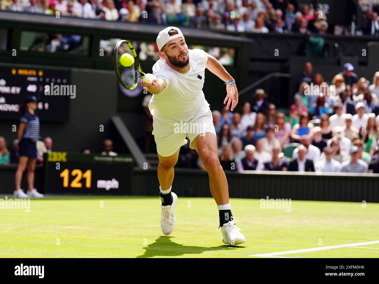 Jacob Fearnley in action against Novak Djokovic (not pictured)on day ...