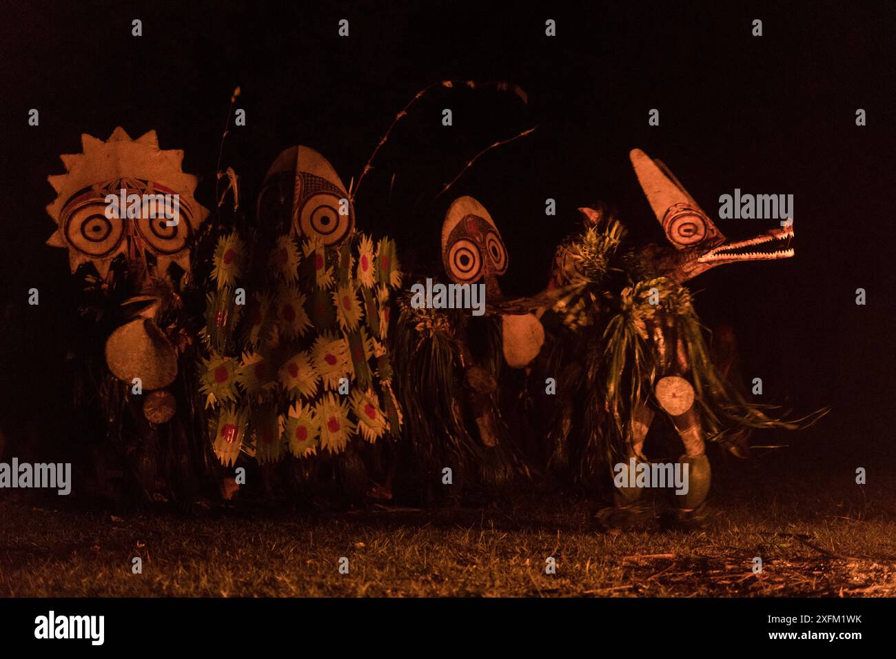 Baining men in traditional fire dance ceremony. Men enter a trance like ...