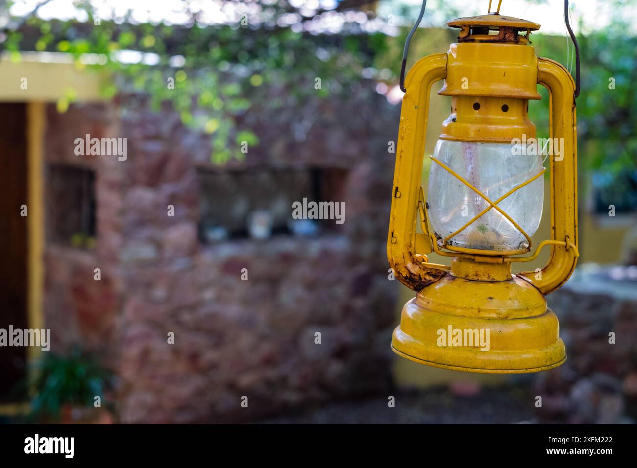 A yellow lantern hanging from a tree. The lantern is lit and the light ...