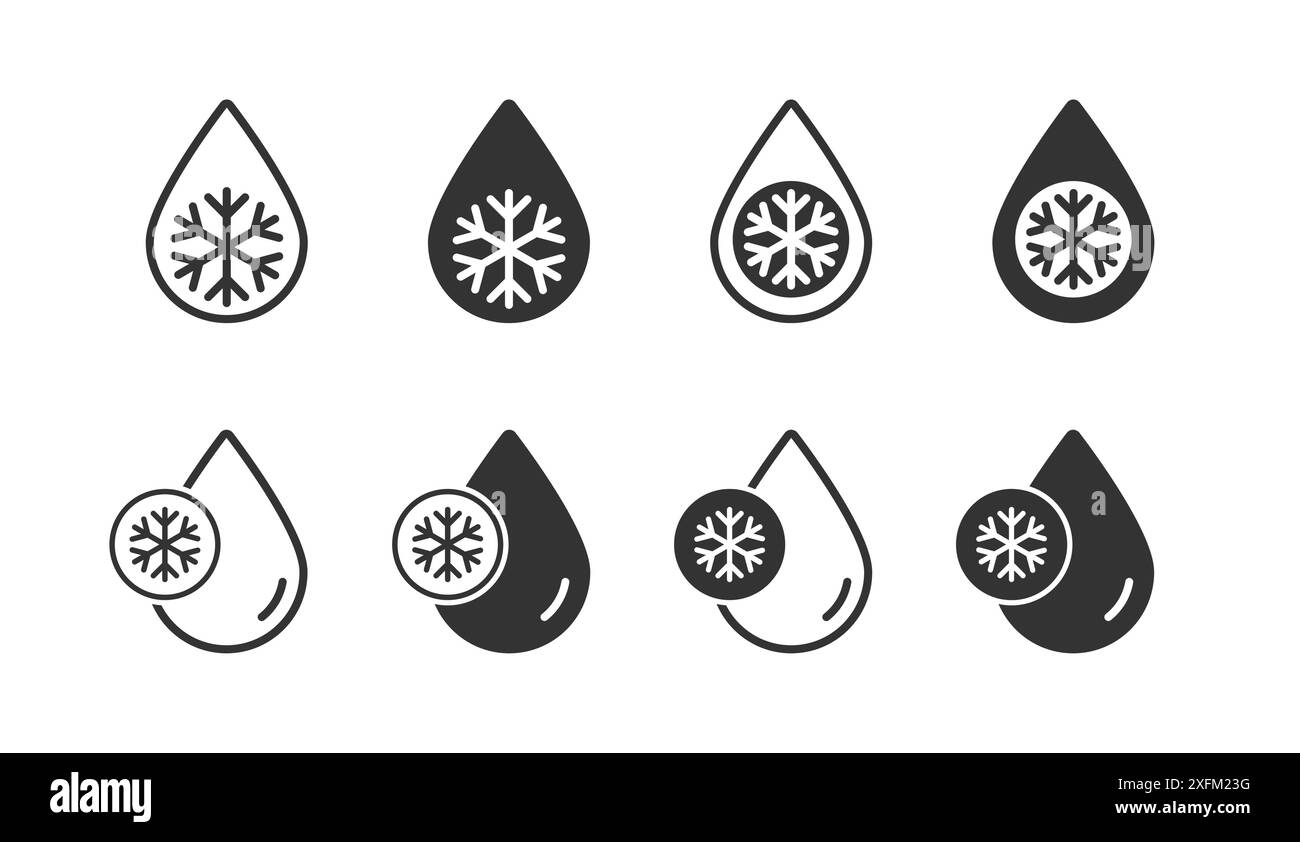 Defrost icon set. Snowflake and drop icon. Flat vector illustration ...