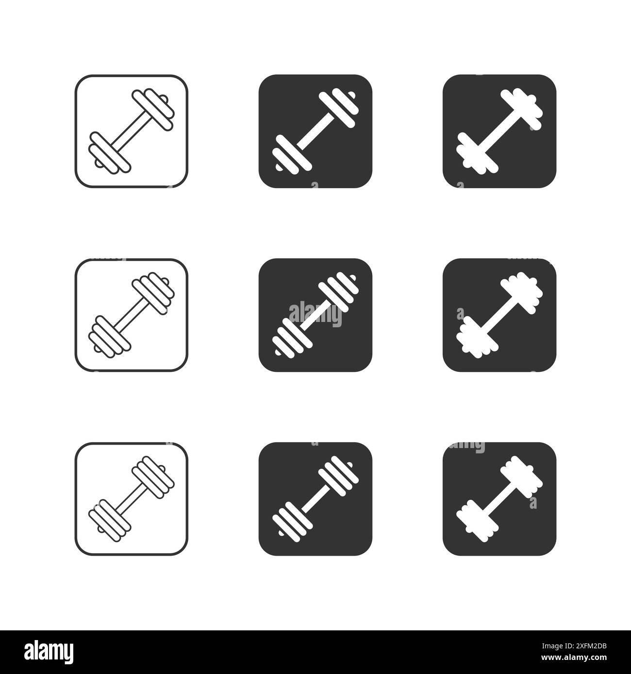 Dumbbell, icon set. Dumbbells of different weights. Outline and solid ...