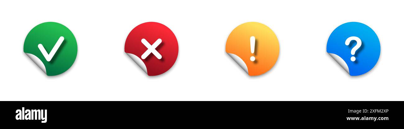 Set of colored stickers with check mark, cross, exclamation point, and ...