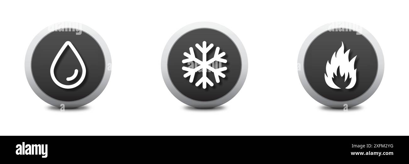 Water, fire, and snowflake icons. Round buttons with shadows. Flat ...