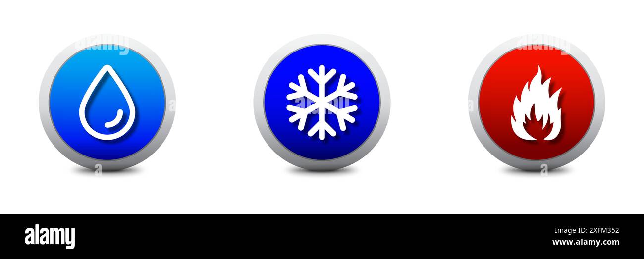 Water, fire, and snowflake icons. Hot and cold symbols. Warmth and cold ...