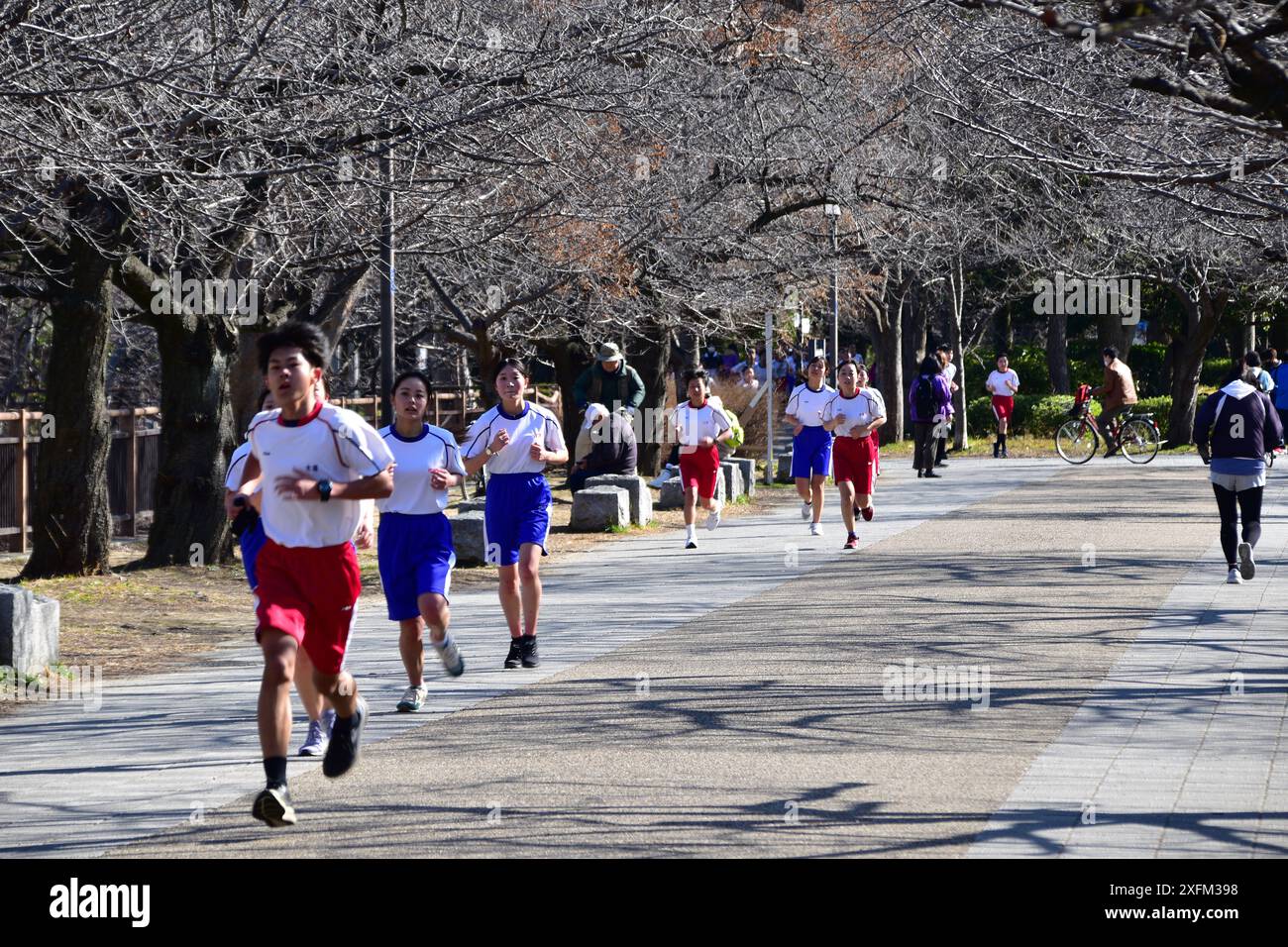 Japanese high school students in gym outfit jogging in Osaka Castle ...