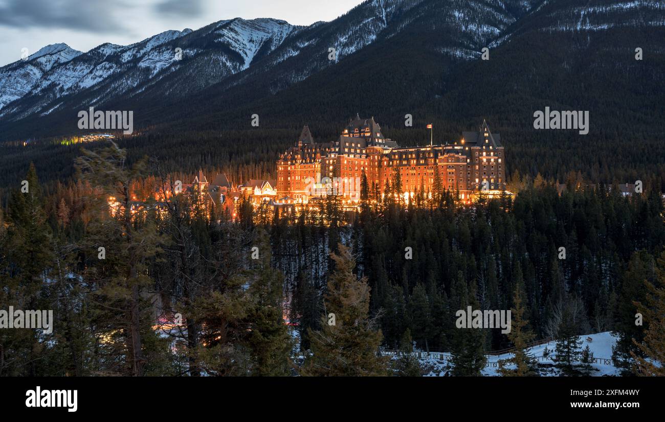 Banff Springs Hotel in winter night. View from Surprise Corner Viewpoint. Banff National Park ...