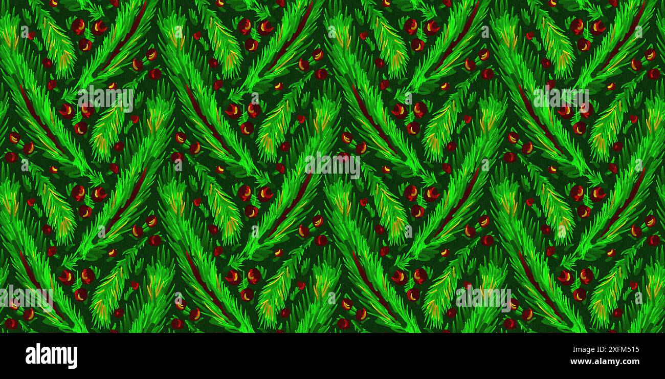 Modern christmas foliage fir branch border in traditional red green ...