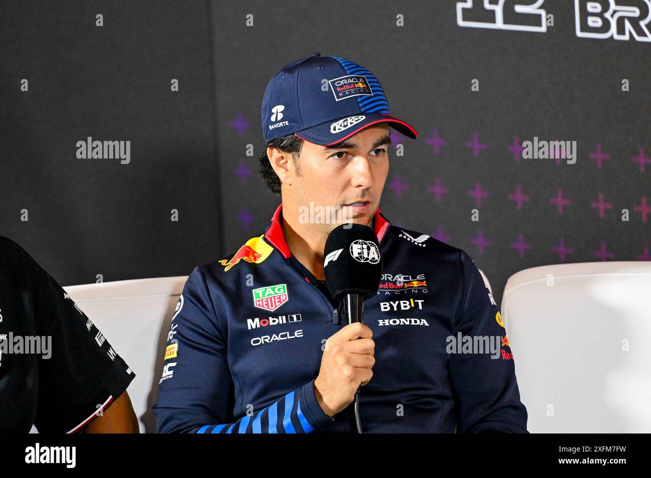 Towcester, UK, 04 July 2024. Drivers press conference with Lewis Hamilton, Sergio Perez, Esteban ...