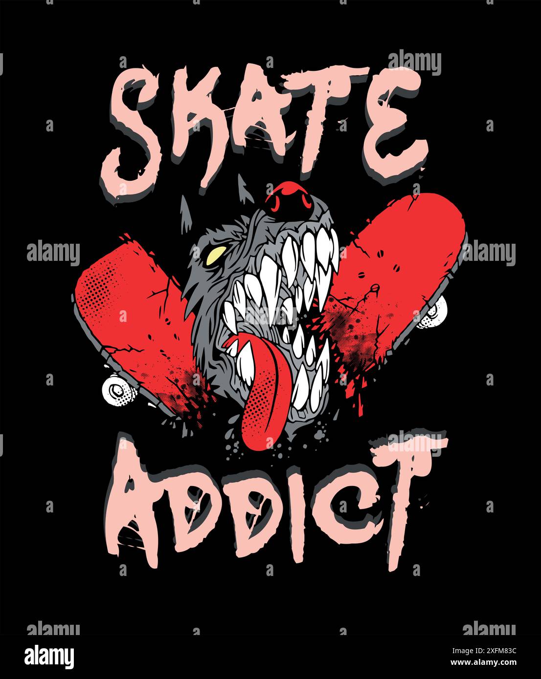 Creative and dynamic illustration of a dog's head biting a skateboard ...