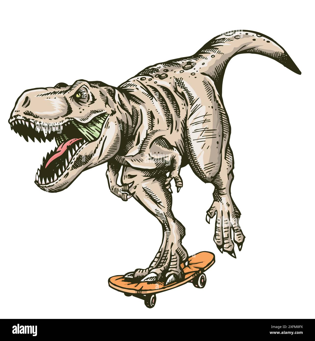 Hand-drawn vector illustration of Tyrannosaurus Rex riding a skateboard ...