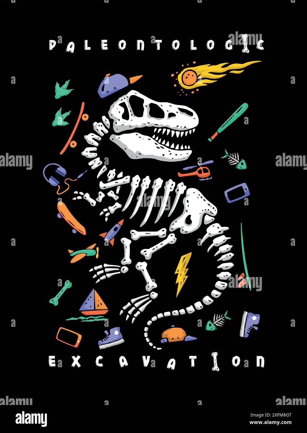 Dinosaur fossil illustration with various modern life objects around ...