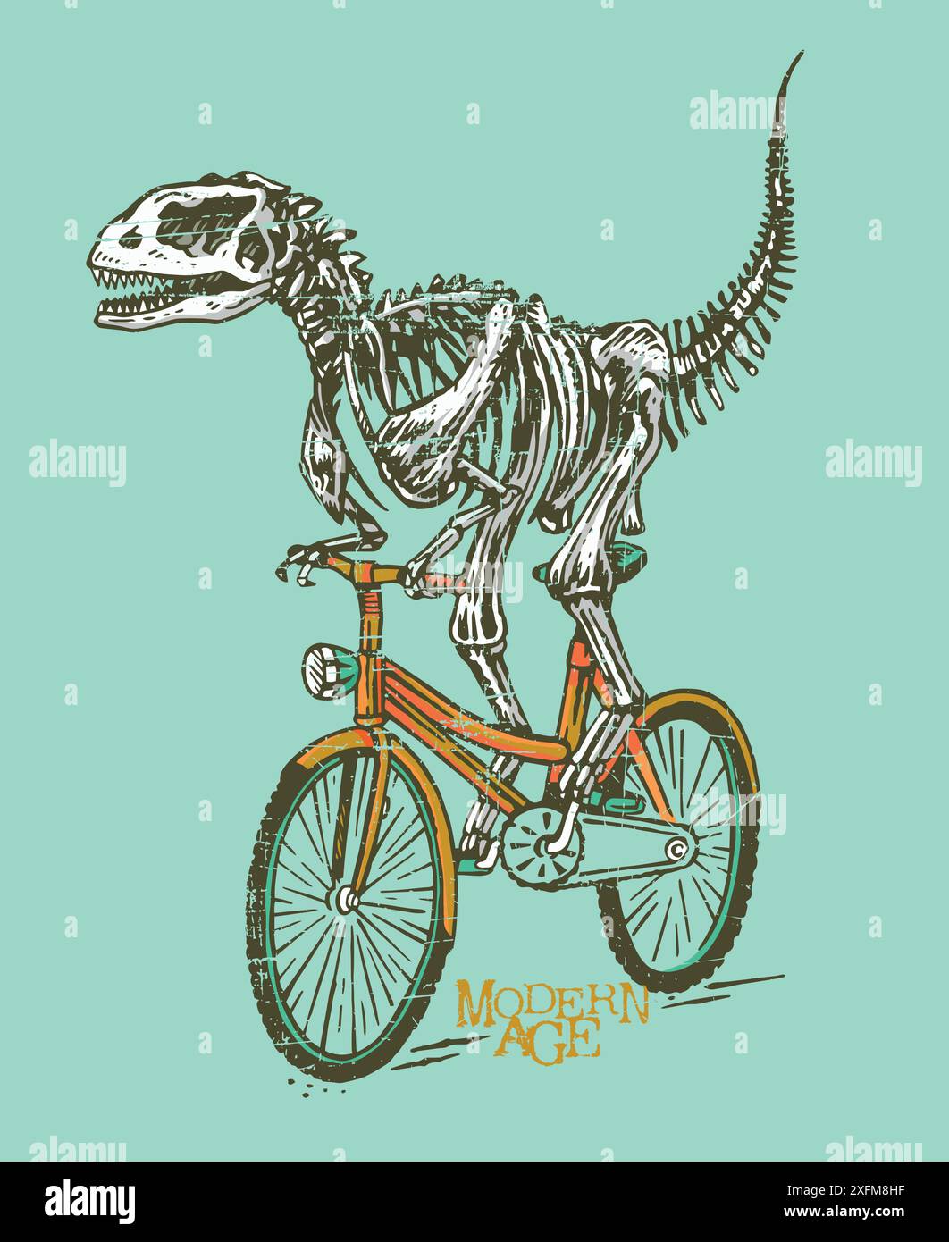 Hand-drawn illustration of a dinosaur skeleton riding a bicycle. Used ...
