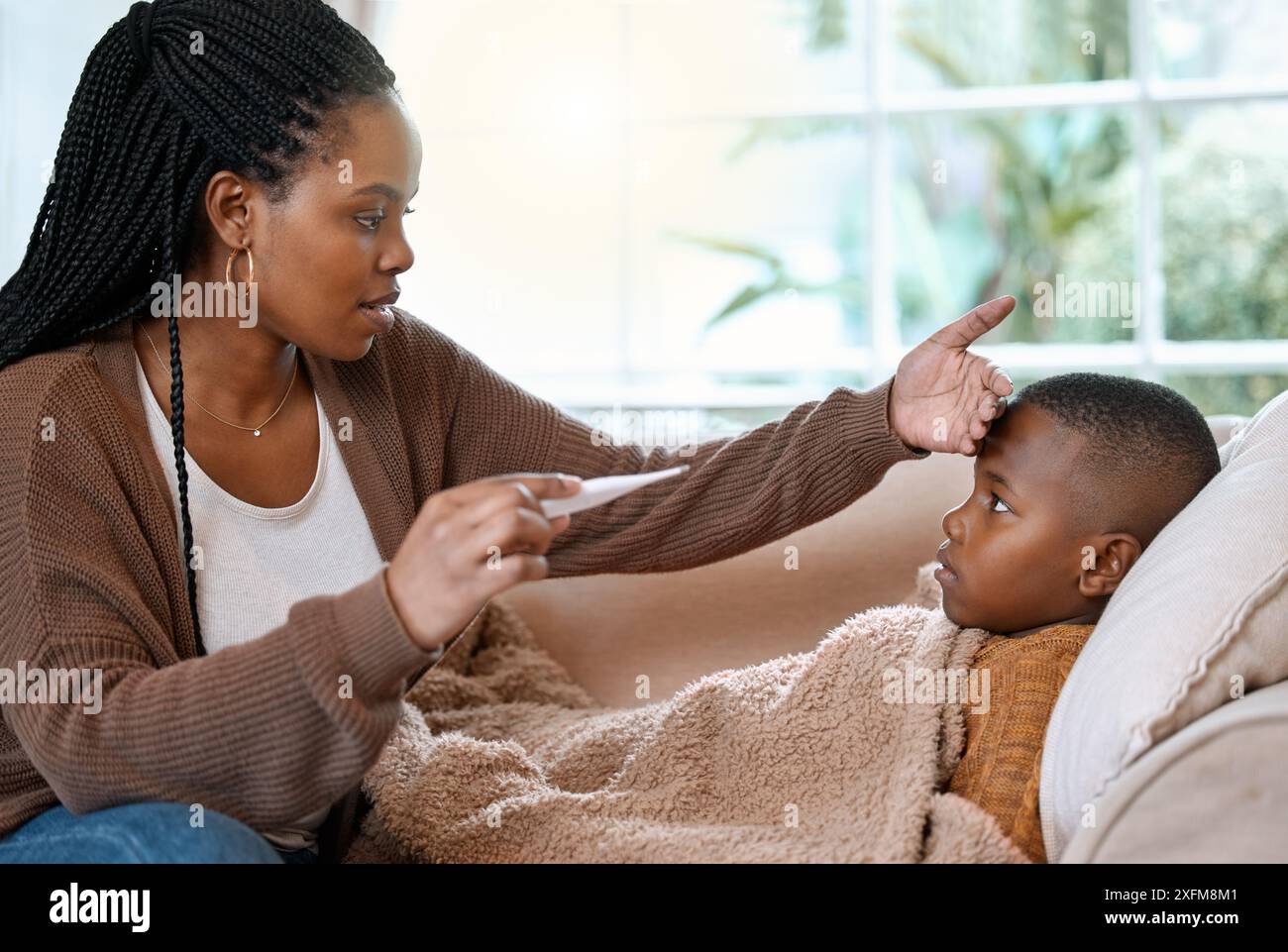 Forehead, sick and mom with child in bed with allergy, cold and flu in ...