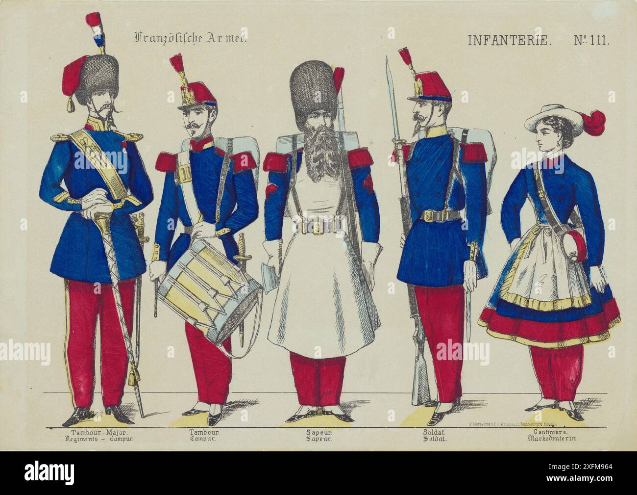 Vintage color lithograph of French army. Infantry. 1870 Drum Major ...
