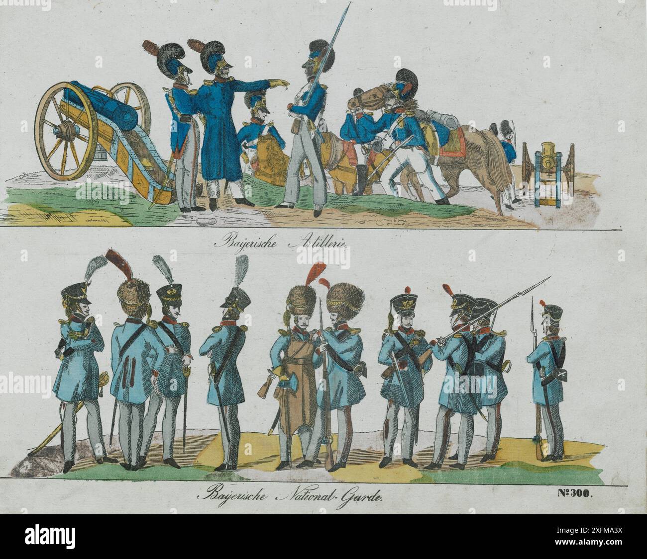 Vintage color lithograph of Bavarian artillery and Bavarian National ...