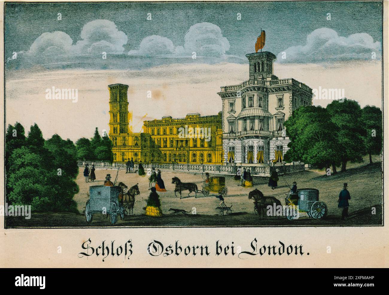 Color lithograph of Osborne House near London. 1858 Osborne House is a ...