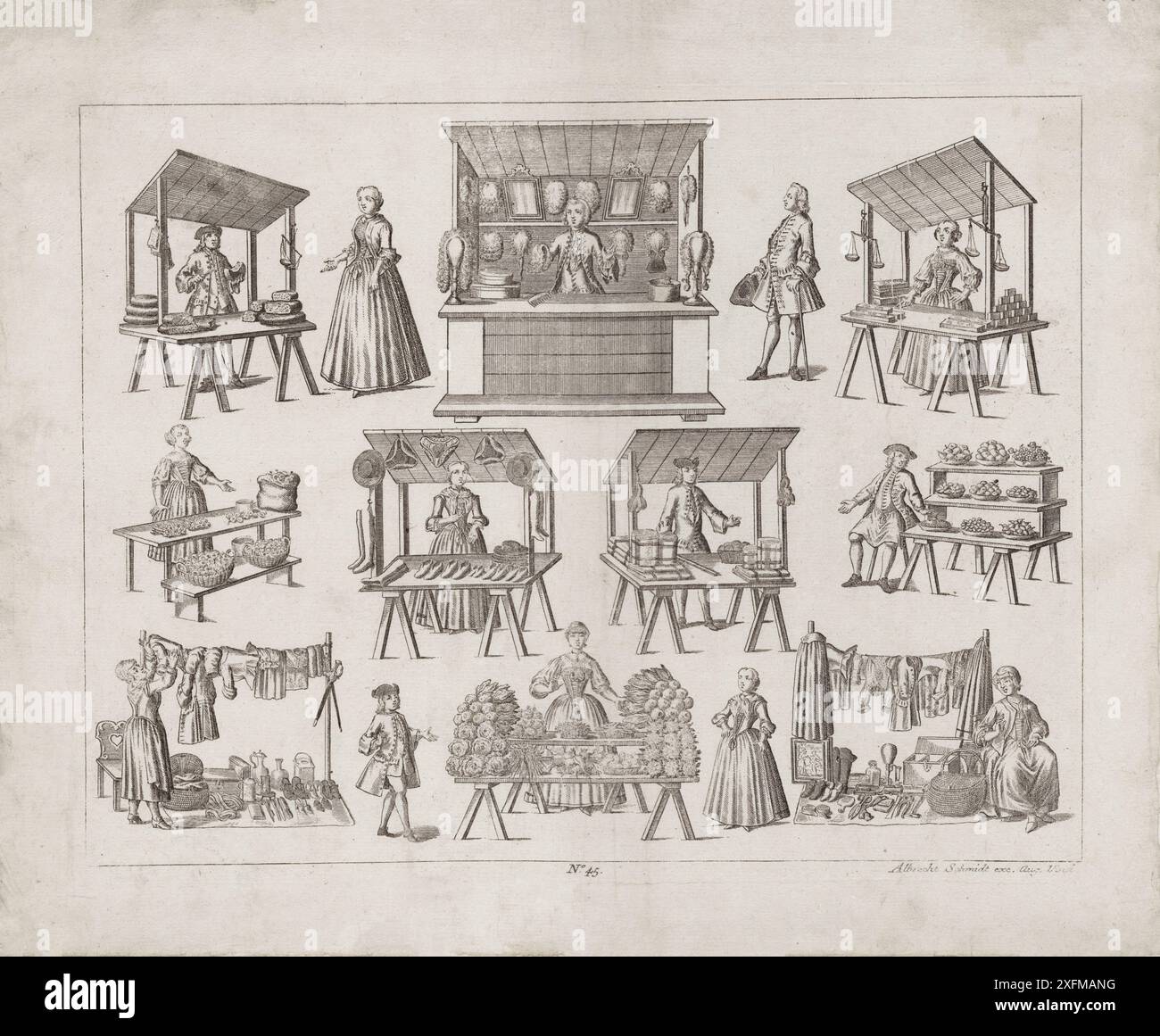 The 18th century vintage illustration of different market stalls. 1735 ...